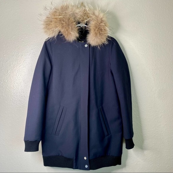 Maje | Jackets & Coats | Maje Navy Genuine Fur Trimmed Hood Fleece Line ...
